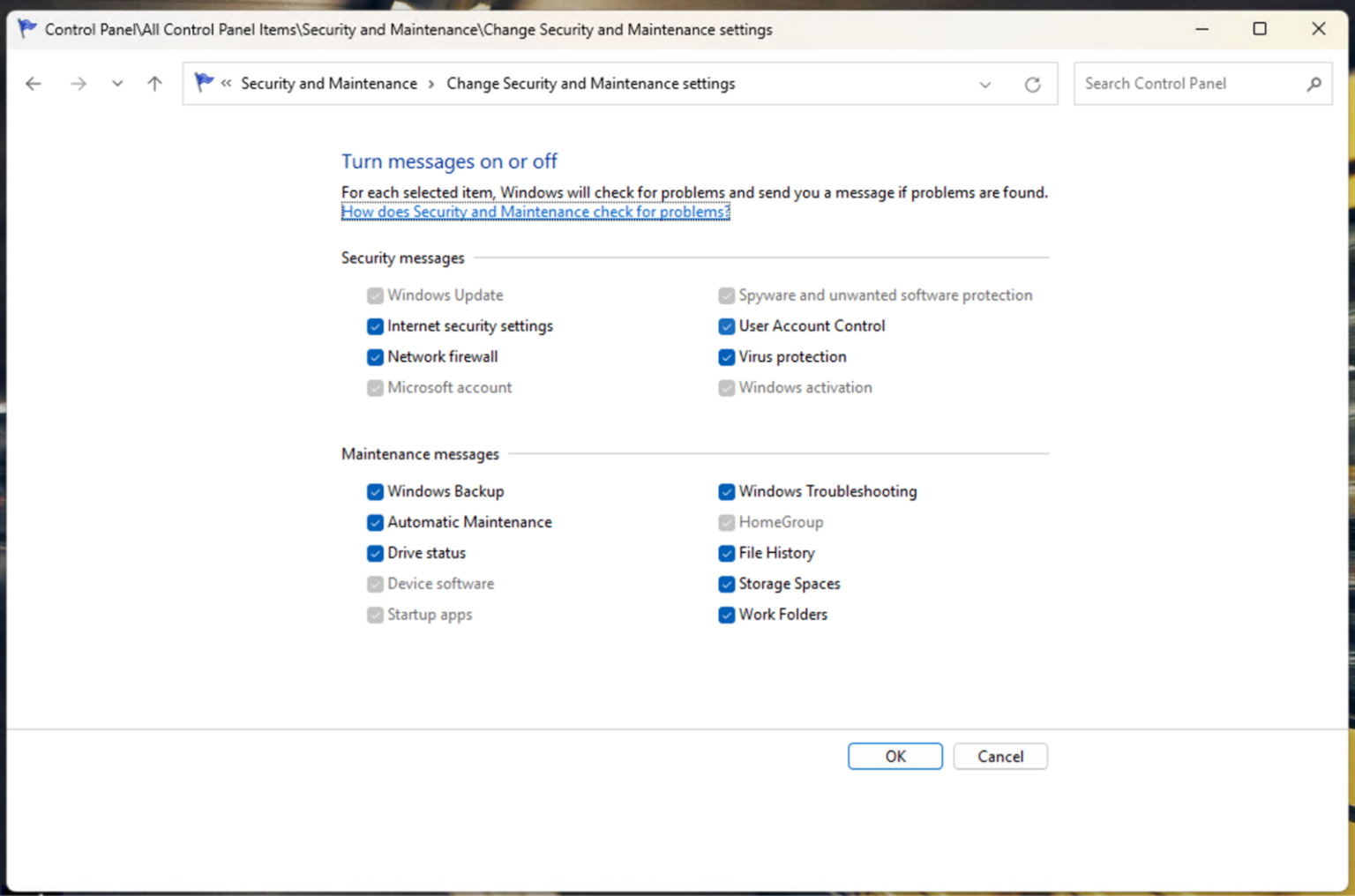 Restore Security and Maintenance Settings for Messages | Windows | NinjaOne